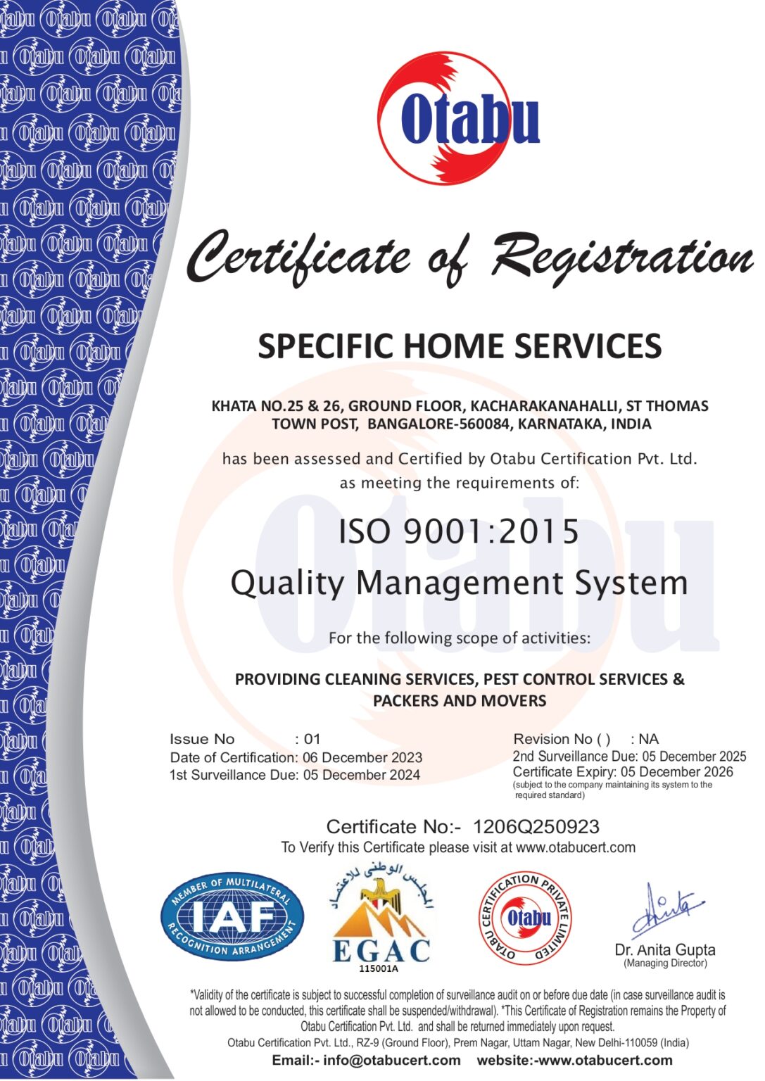 Our Certificates - Specific Home Services